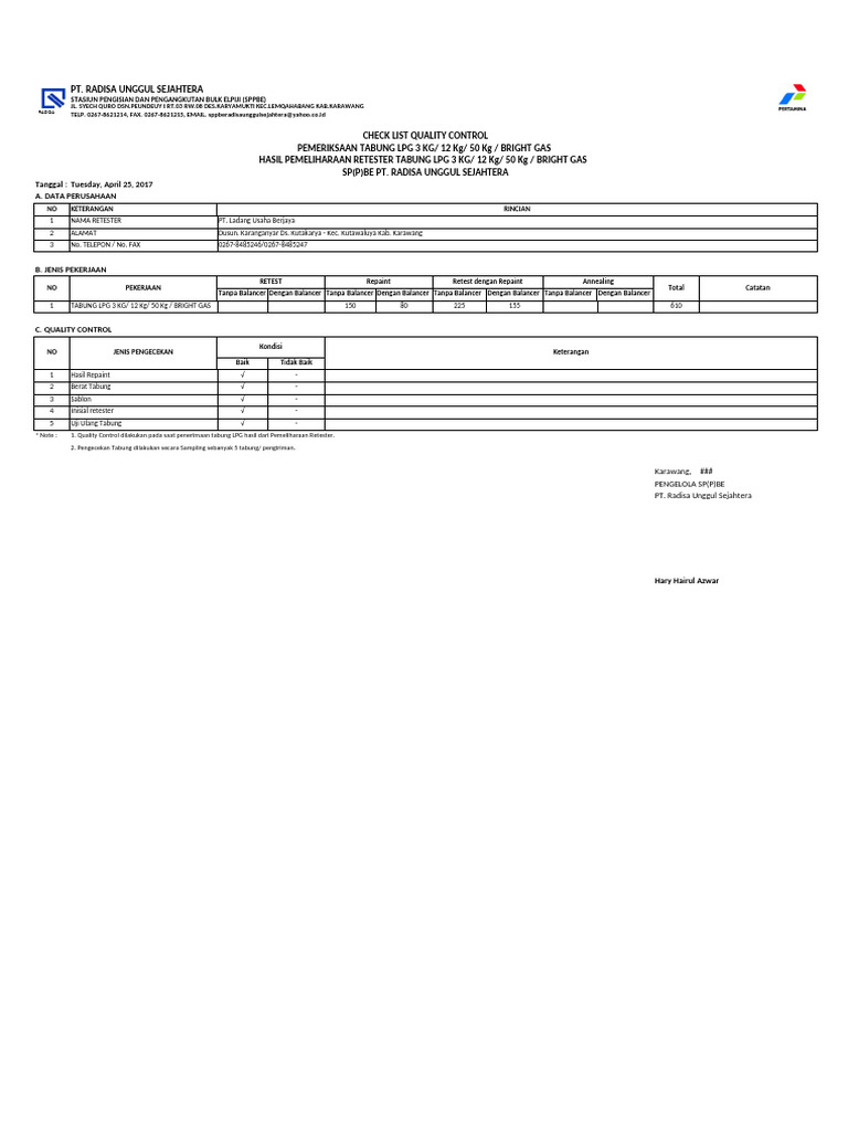 Prosedur QC Tabung LPG SPPBE Radisa | PDF