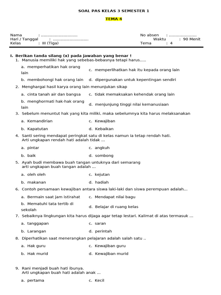 Soal PAS Kelas 3 Tema 4 - Kamimadrasah | PDF