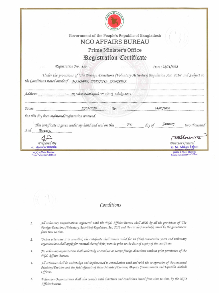 NGO Affairs Bureau Certificate (Up To 15.05.2030) | PDF