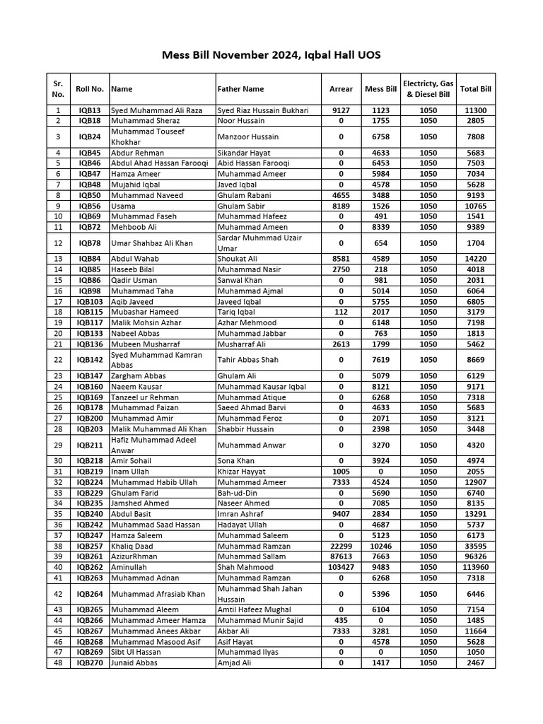 Mess Bill November 2024 Iqbal Hall | PDF