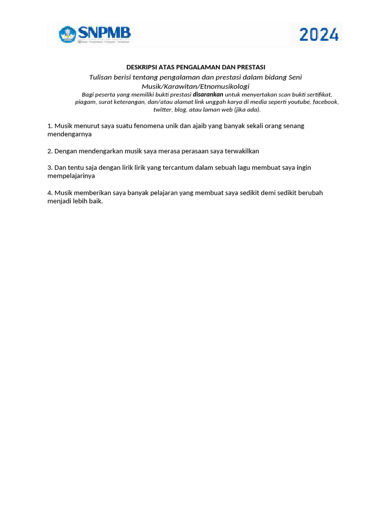 00 TEMPLATE DESKRIPSI PENGALAMAN DAN PRESTASI (PORTO MUSKARET 2024) Sifa | PDF