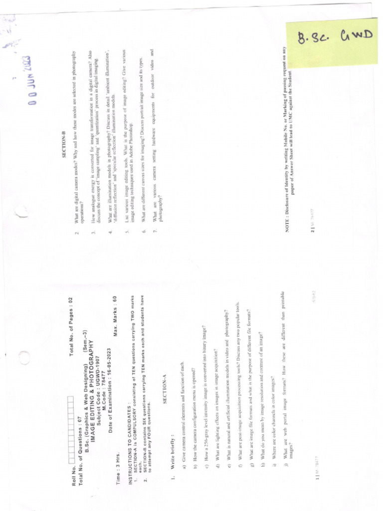 B.SC GWD Question Paper | PDF