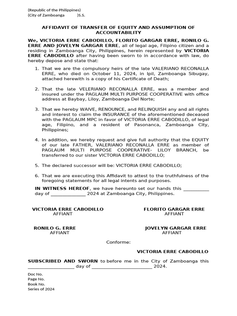 Affidavit Equity and Assumption of Responsibility | PDF