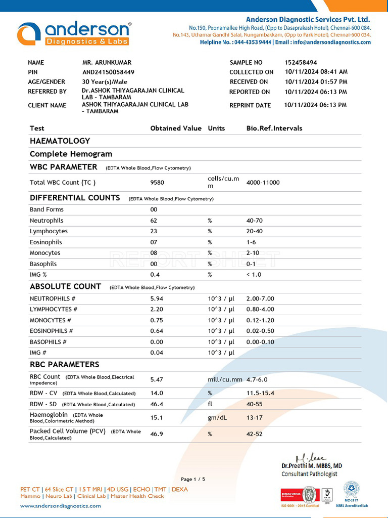 Report-24101583884 Arunkumar 110176 10nov2024 084025 | PDF | White Blood Cell | Glycated Hemoglobin