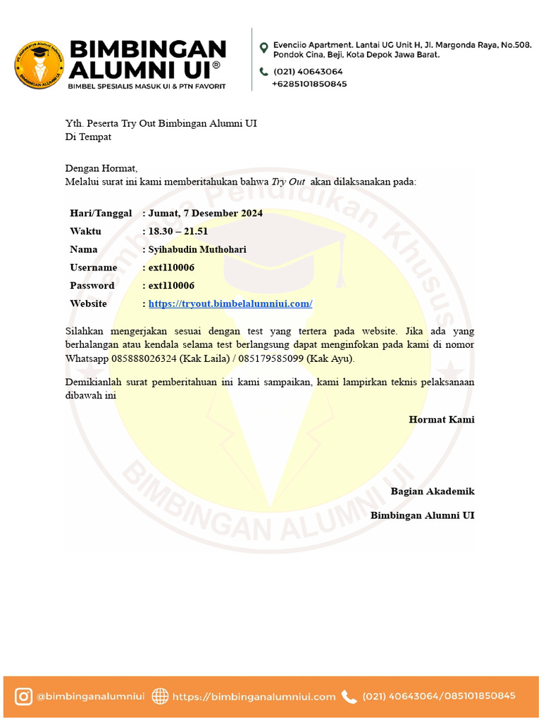Panduan Try Out Bimbingan Alumni UI | PDF