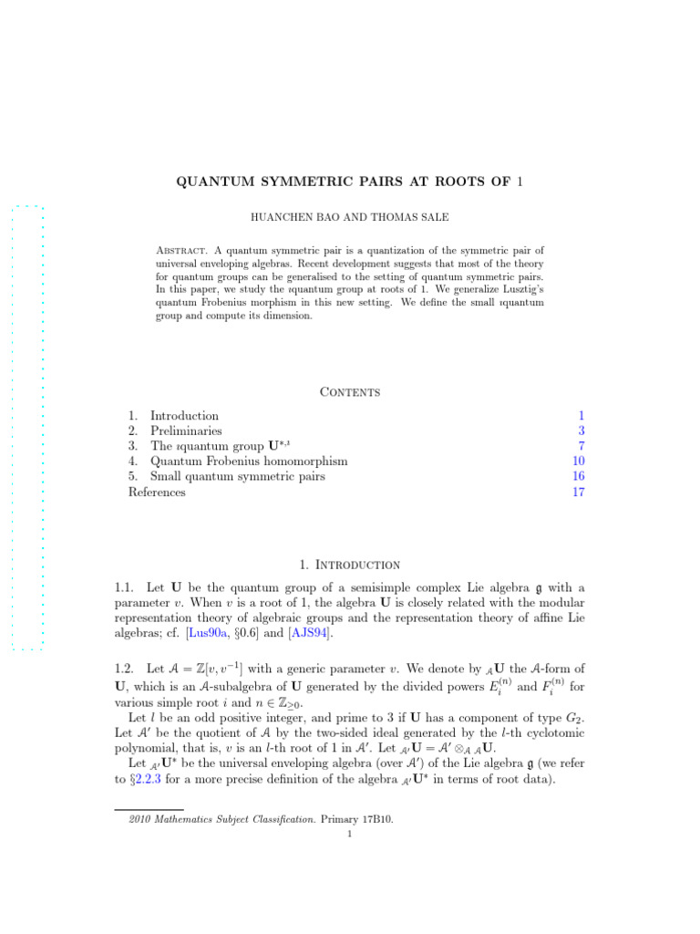 Quantum Symmetric Pairs at Roots of 1 | PDF | Group (Mathematics ...