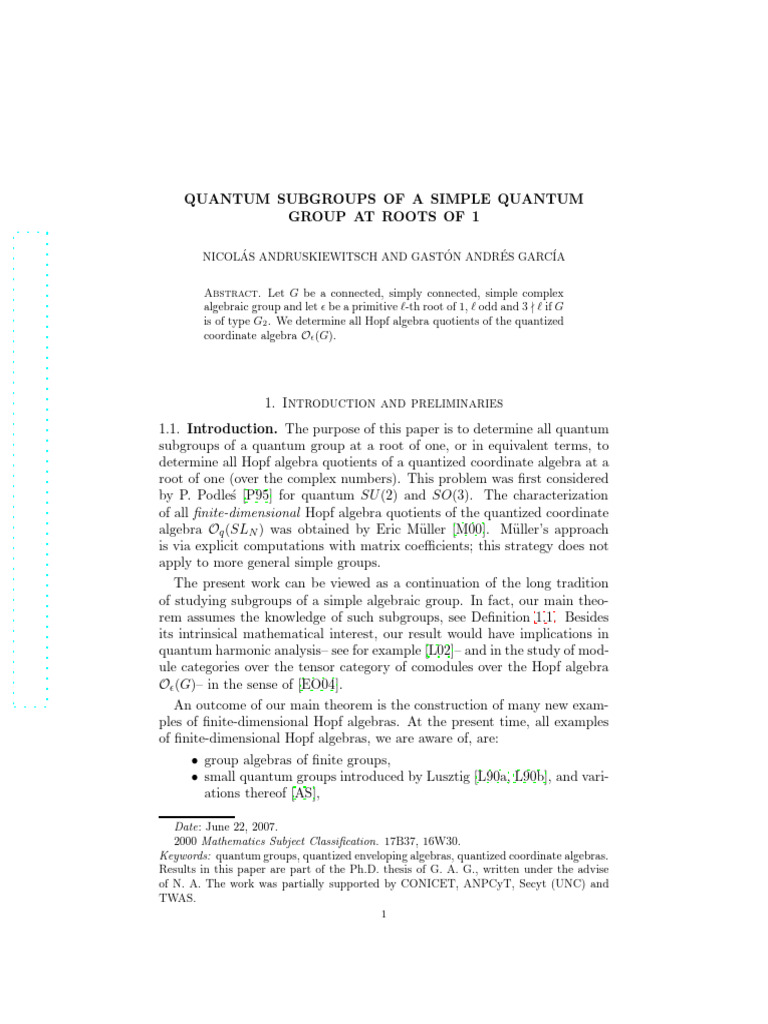 Quantum Subgroups of A Simple Quantum Group at Roots of 1 | PDF | Group (Mathematics) | Geometry