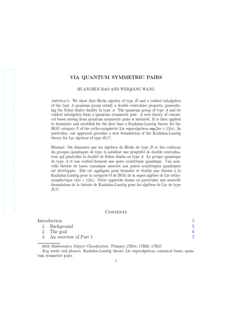 A New Approach To Kazhdan-Lusztig Theory of Type B Via Quantum Symmetric Pairs | PDF ...