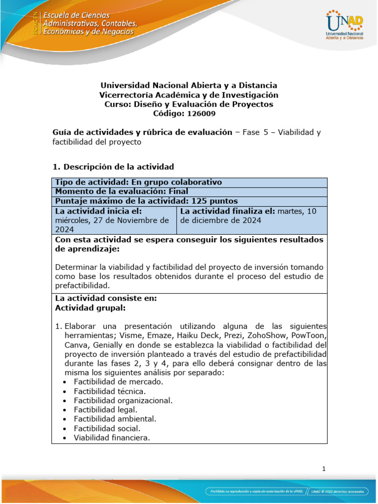 Guía de Actividades y Rúbrica de Evaluación - Unidad 3 - Fase 5 - Viabilidad y Factibilidad Del ...