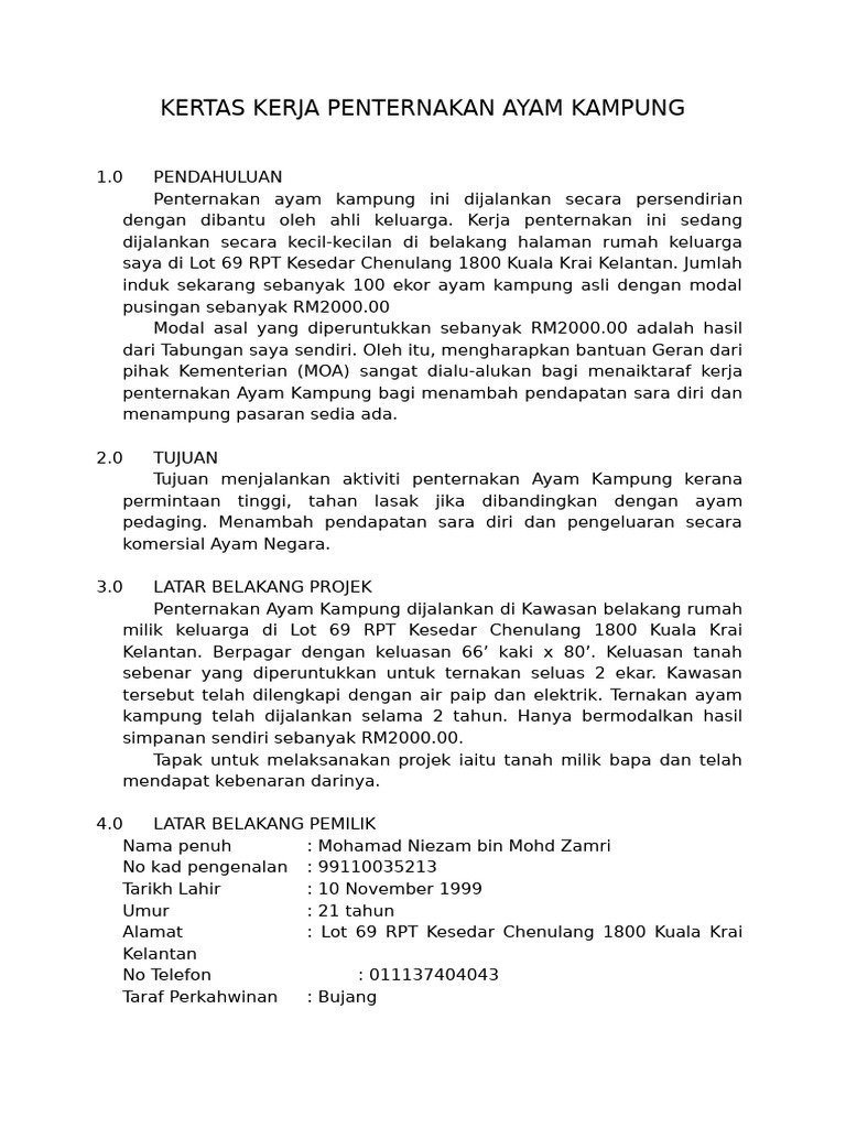Kertas Kerja Penternakan Ayam Kampung | PDF