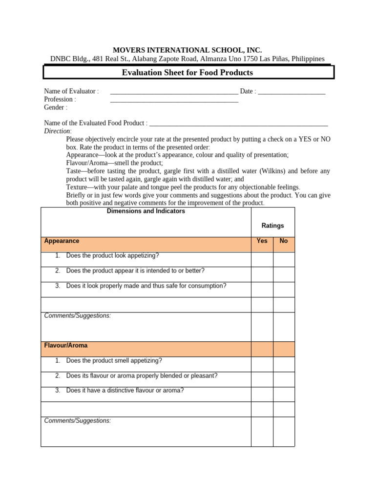 Evaluation-Sheet-for-Food-Products | PDF | Taste