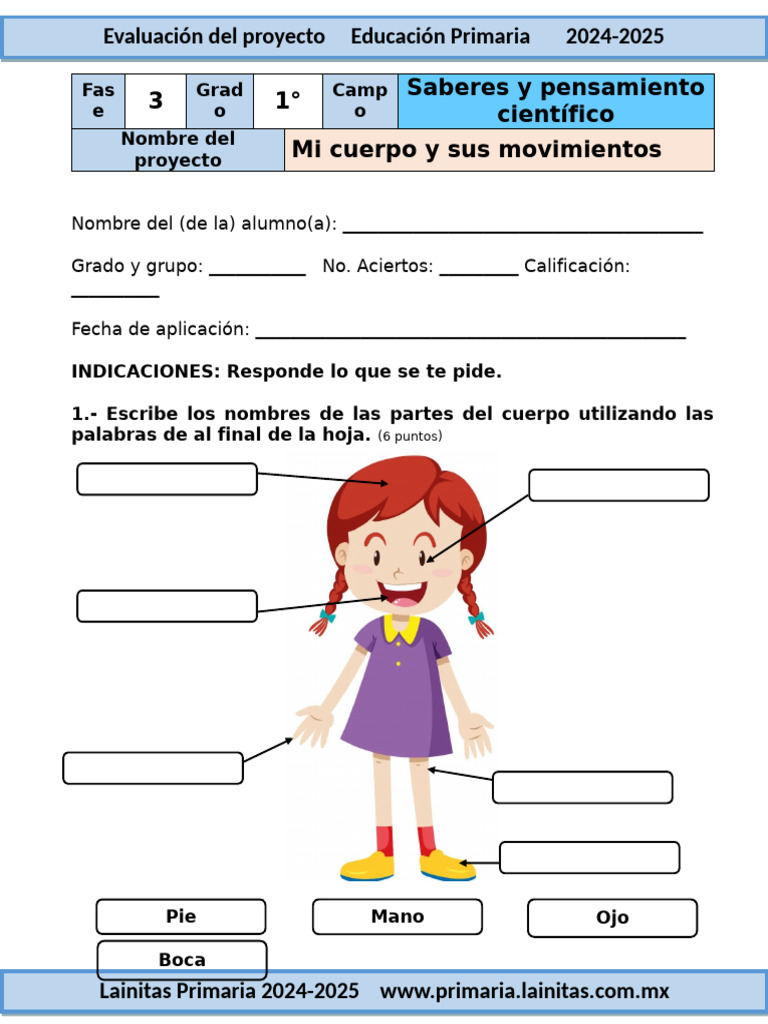 1er Grado Diciembre - Examen 03 Mi Cuerpo y Sus Movimientos (2024-2025 ...
