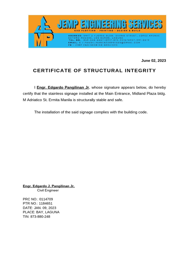 CERTIFICATE OF STRUCTURAL INTEGRITY-MIDLANDPLAZA | PDF