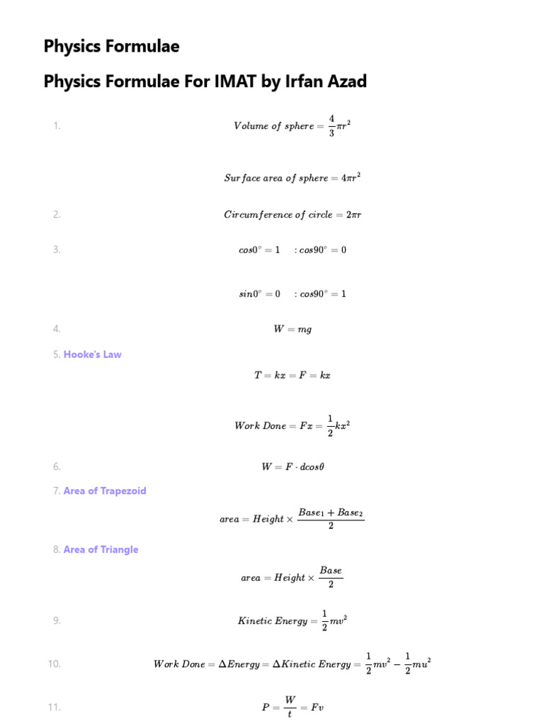 IMAT Physics Formula Sheet | PDF | Area | Velocity