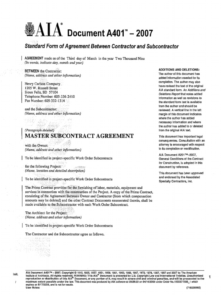 A401 Master Subcontract With Exhibits Mar 2009 | PDF | Liability Insurance | Insurance
