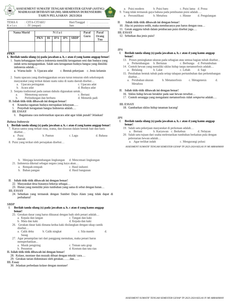 Soal PTS Genap Kelas 4 TP. 2023-2024 (Ami) | PDF