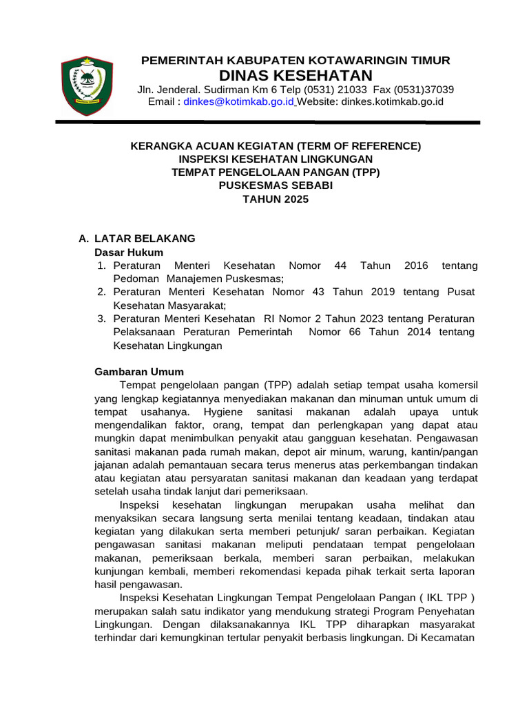 TOR Inspeksi Kesehatan Lingkungan Tempat Pengelolaan Pangan (TPP) 2025 | PDF