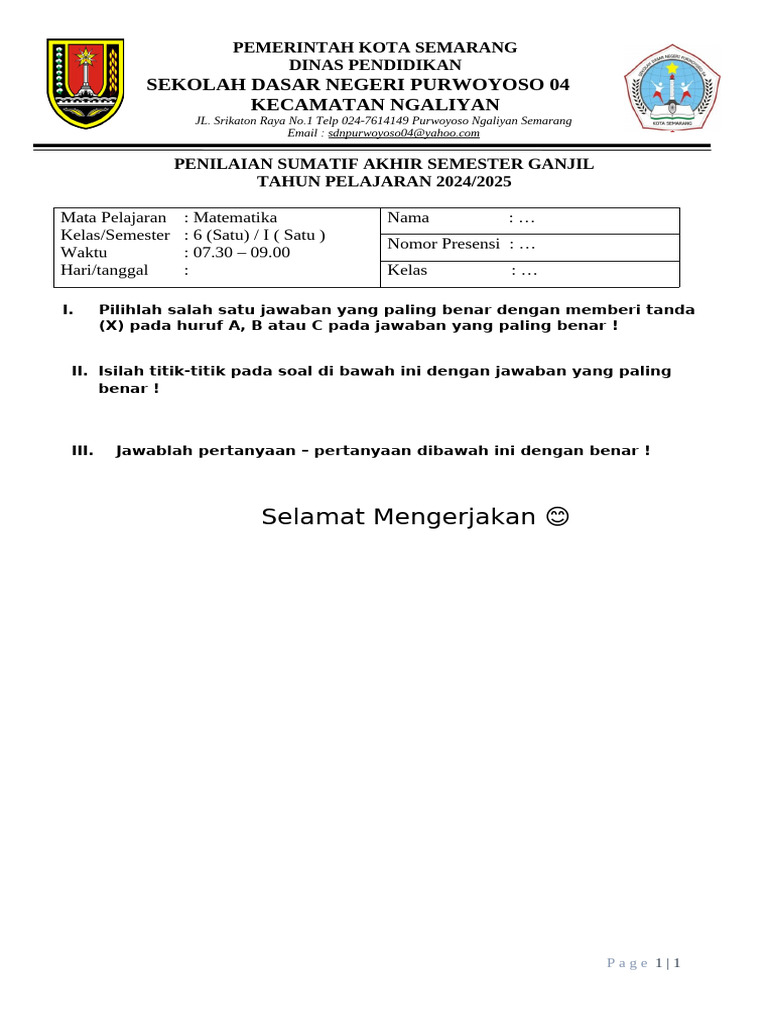 Format Soal SAS Ganjil 2024 | PDF