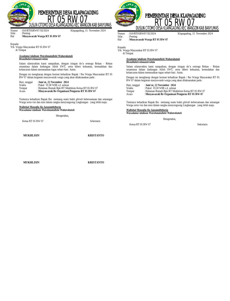 Surat Undangan RT 3 RW 7 | PDF