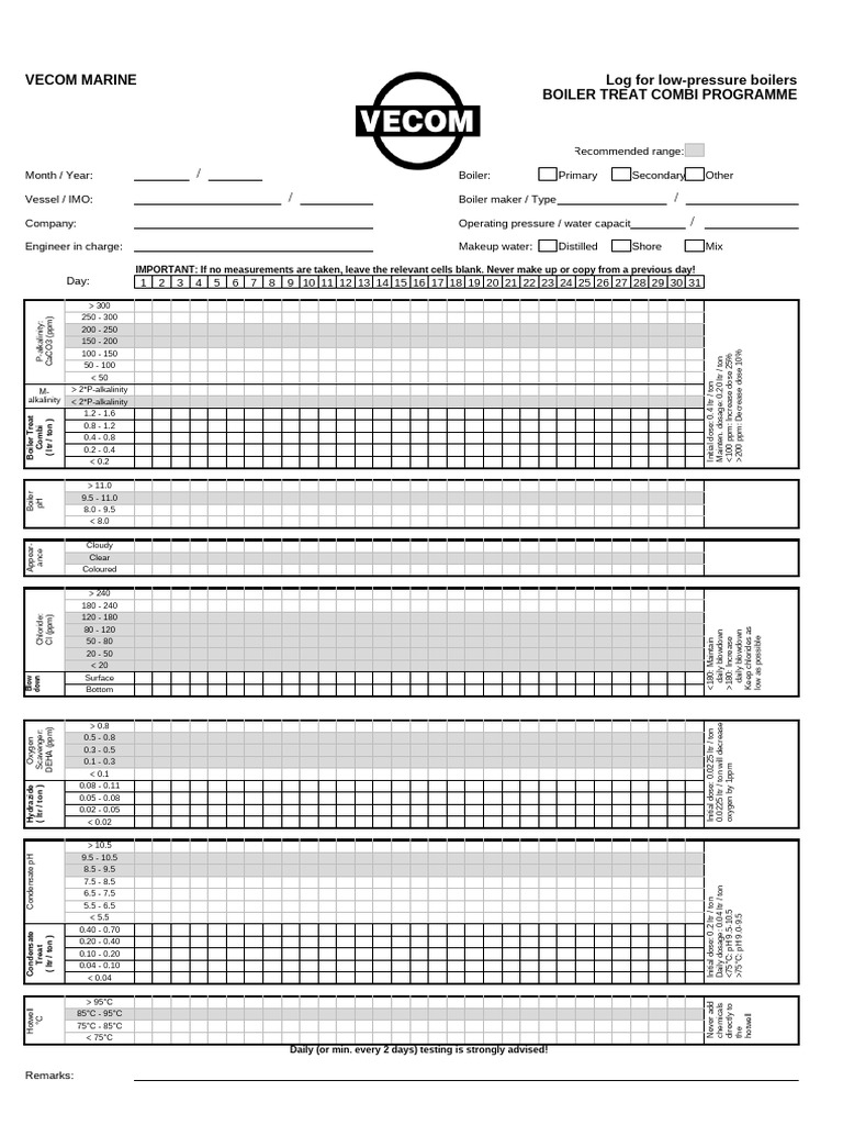 Boiler Water Log Sheet Boiler Treat Combi Programme | PDF | Water ...
