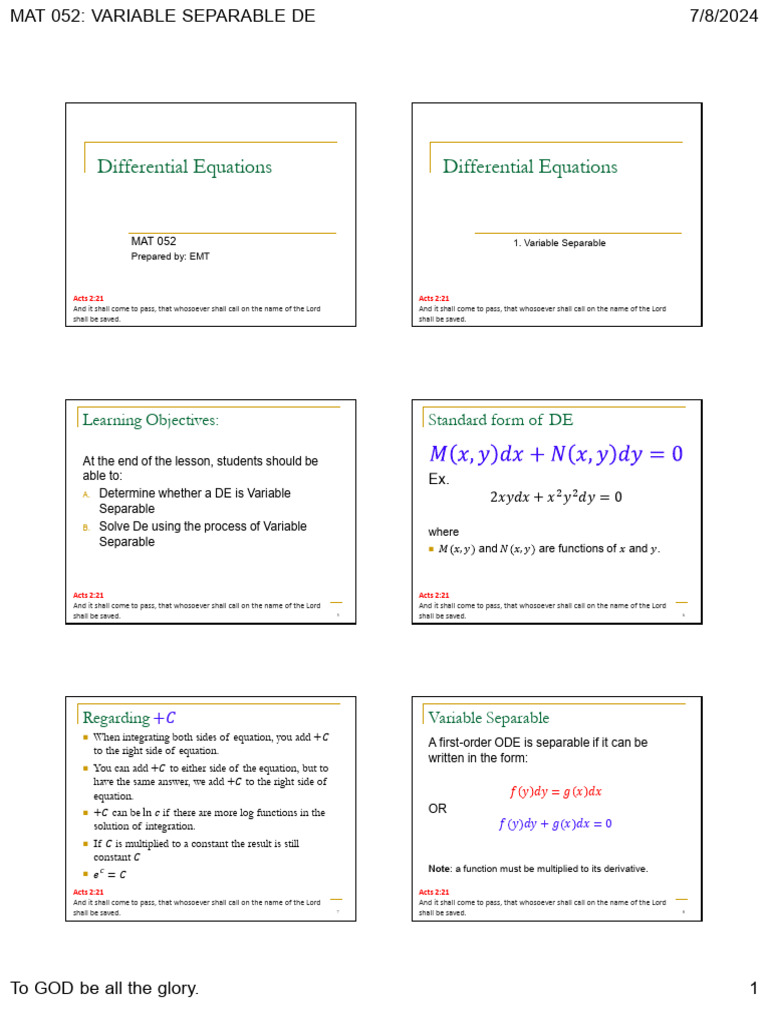 Mat 052 Lesson 3 Variable Separable de | PDF | Mathematics | Algebra