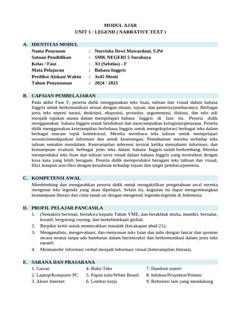 MODUL AJAR XI (Narrative Text) | PDF