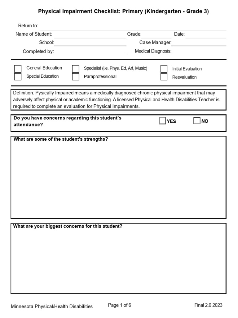 PI Checklist Primary Grades K -3 | PDF | Disability | Classroom