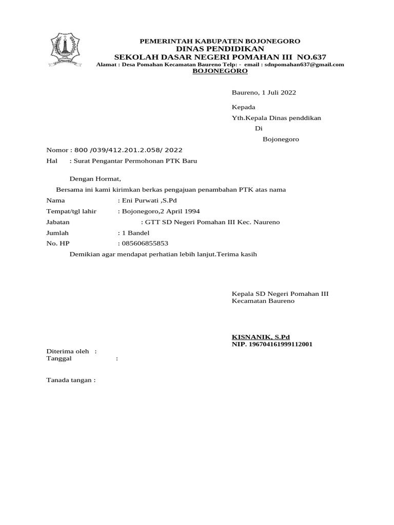 Permohonan PTK Baru SD Pomahan III | PDF
