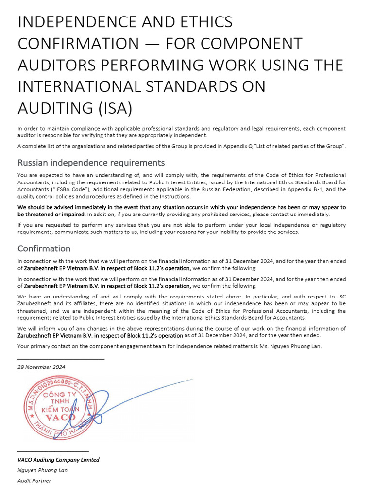 B - Independence and Ethics Confirmation | PDF | Audit | Business