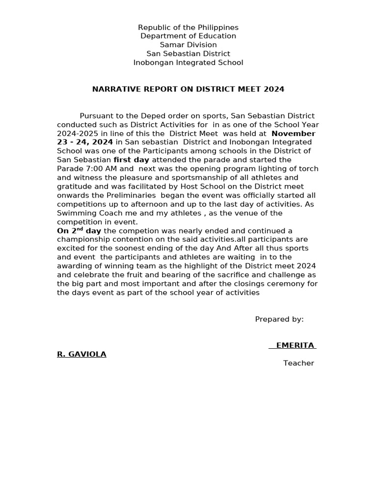 District Meet 2024 Narrative Report | PDF