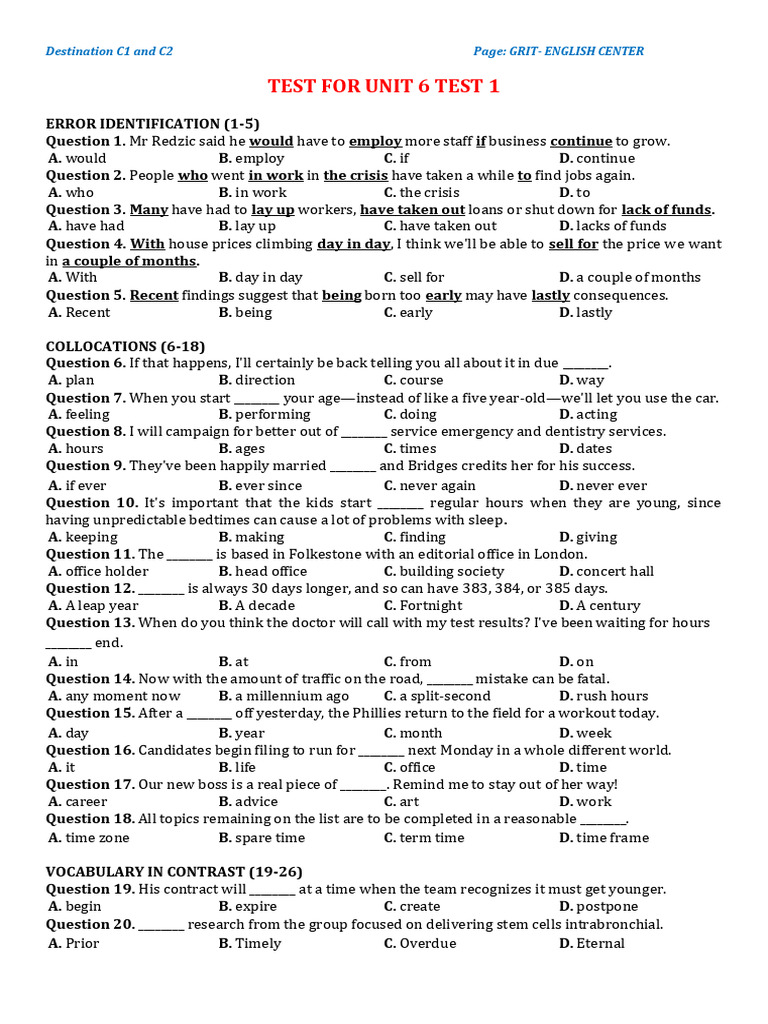 Unit 6 Test for Destination C1/C2 | PDF | Vietnam