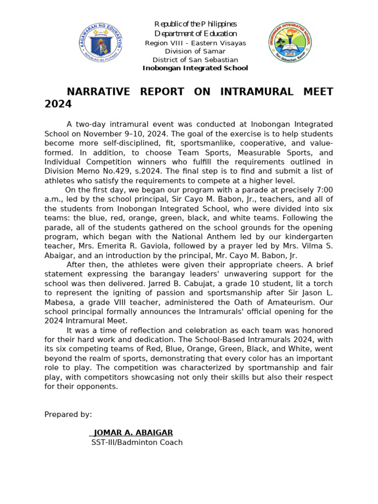 Narrative Report For Intramural 2024 | PDF