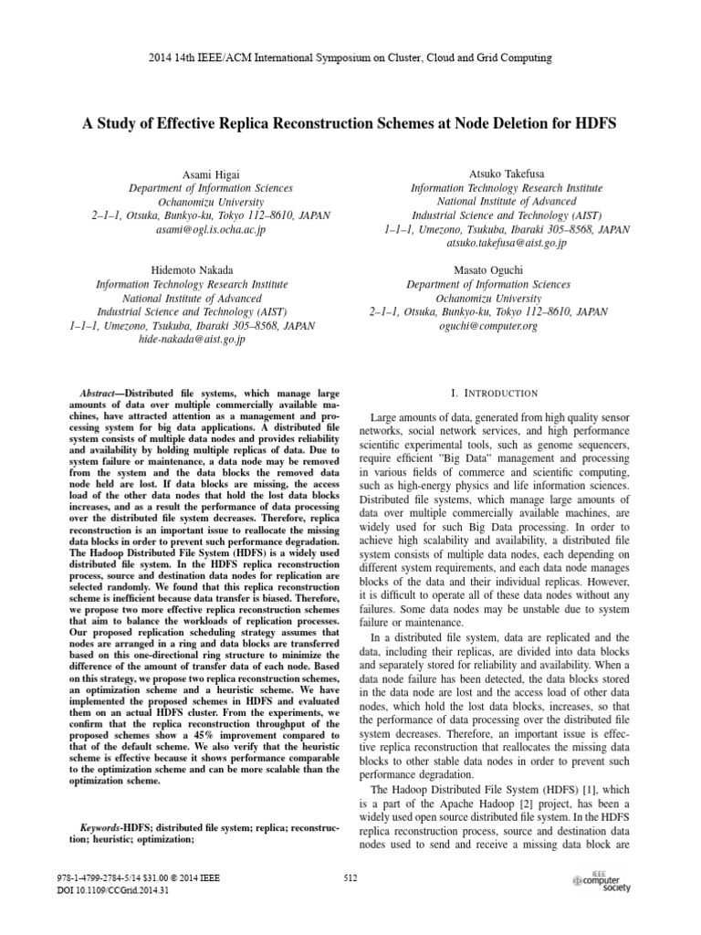 A Study of Effective Replica Reconstruction Schemes at Node Deletion For HDFS | PDF | Apache ...