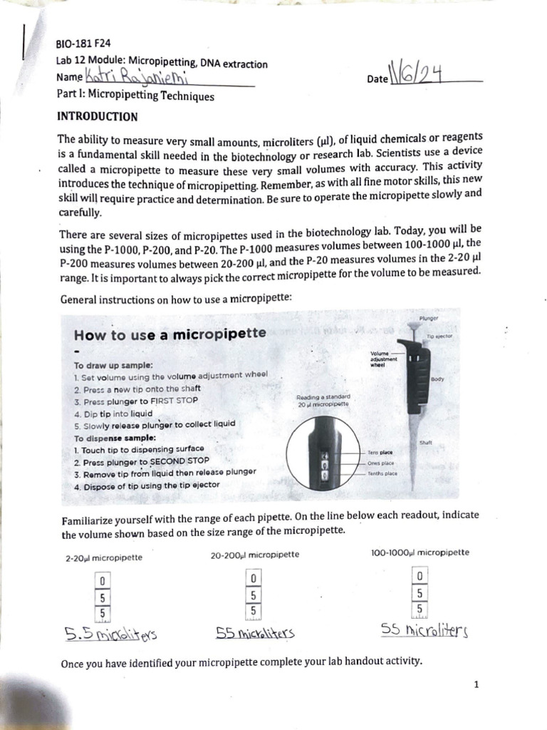 week 12 lab Micropipetting techniques | PDF