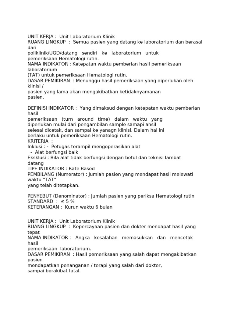 Indikator Kinerja Laboratorium Klinik | PDF