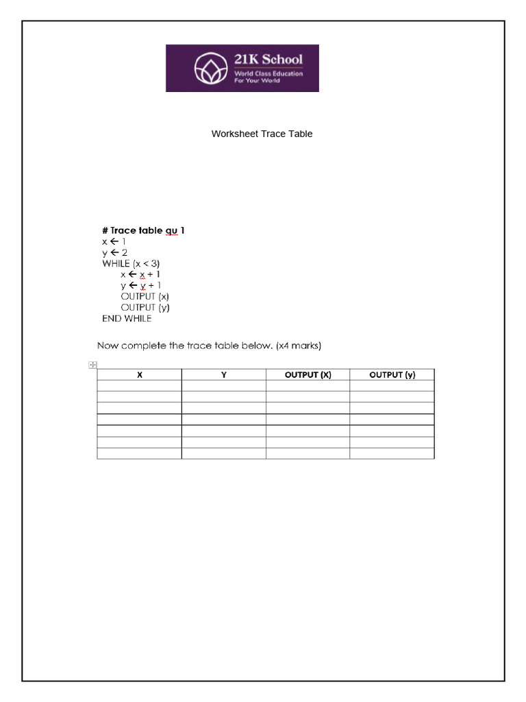 Trace Table Worksheet 1 | PDF