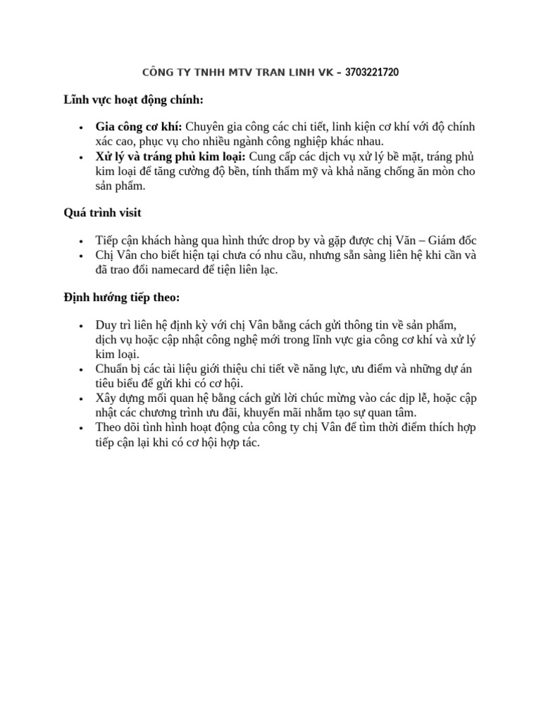 Visit Report TRAN LINH VK | PDF