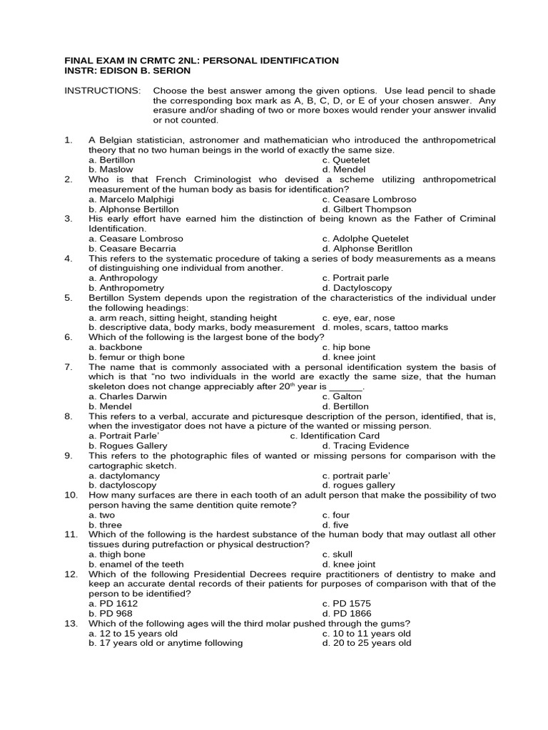 Exam_in_Personal_Identification | PDF | Fingerprint | Dna Profiling