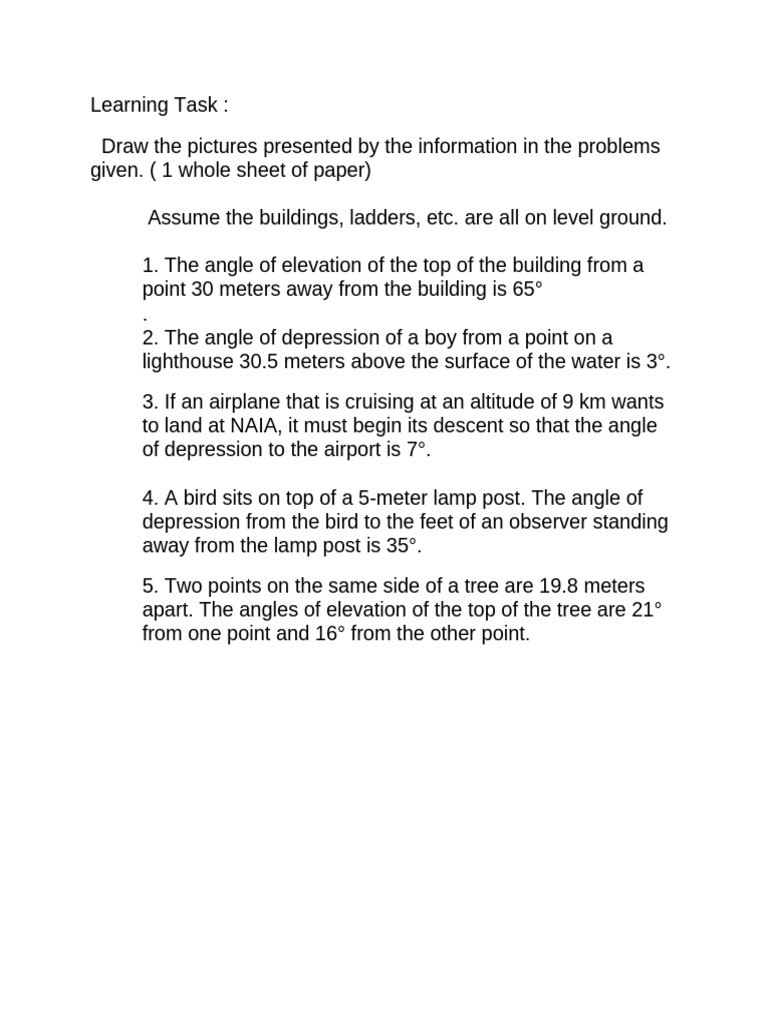 Activity Sheet Angle of Elevation and Depression | PDF