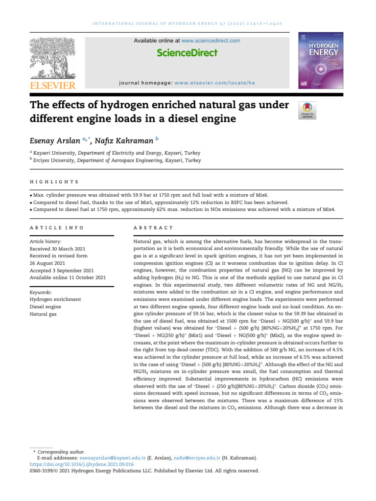 The Effects of Hydrogen Enriched Natural Gas Under Different Engine ...