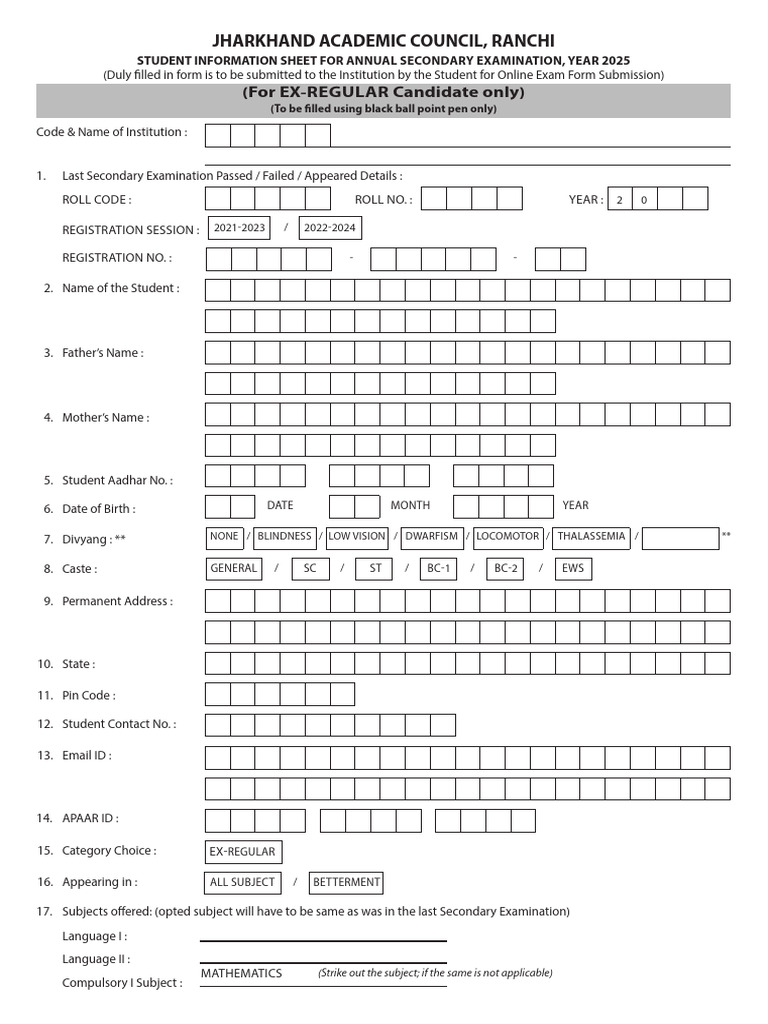 JAC - Class X - Student Information Sheet - Ex-Regular - V6 | PDF ...