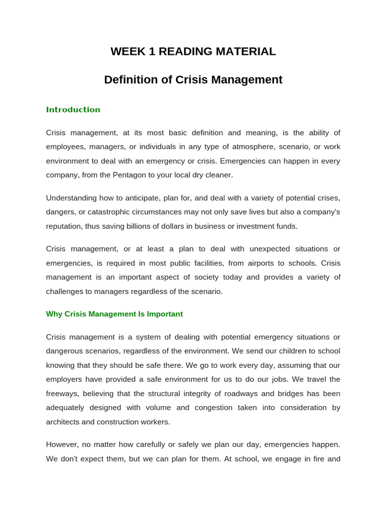 WEEK 1 READING MATERIAL | PDF | Crisis Management | Emergency