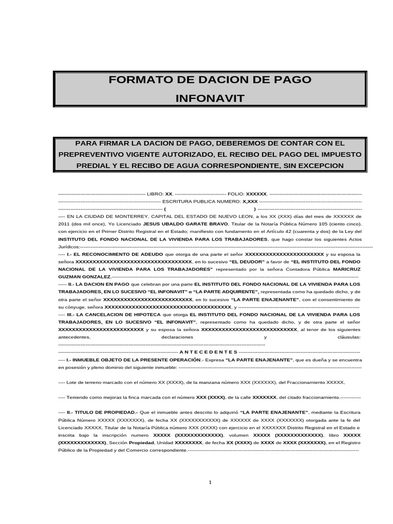 Formato de Dacion de Pago Infonavit | PDF | Pagos | Ley de hipotecas