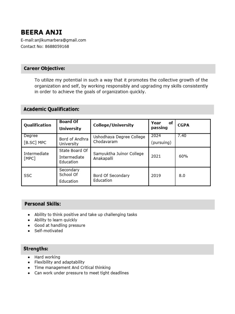 Beera Anji Kumar Resume | PDF