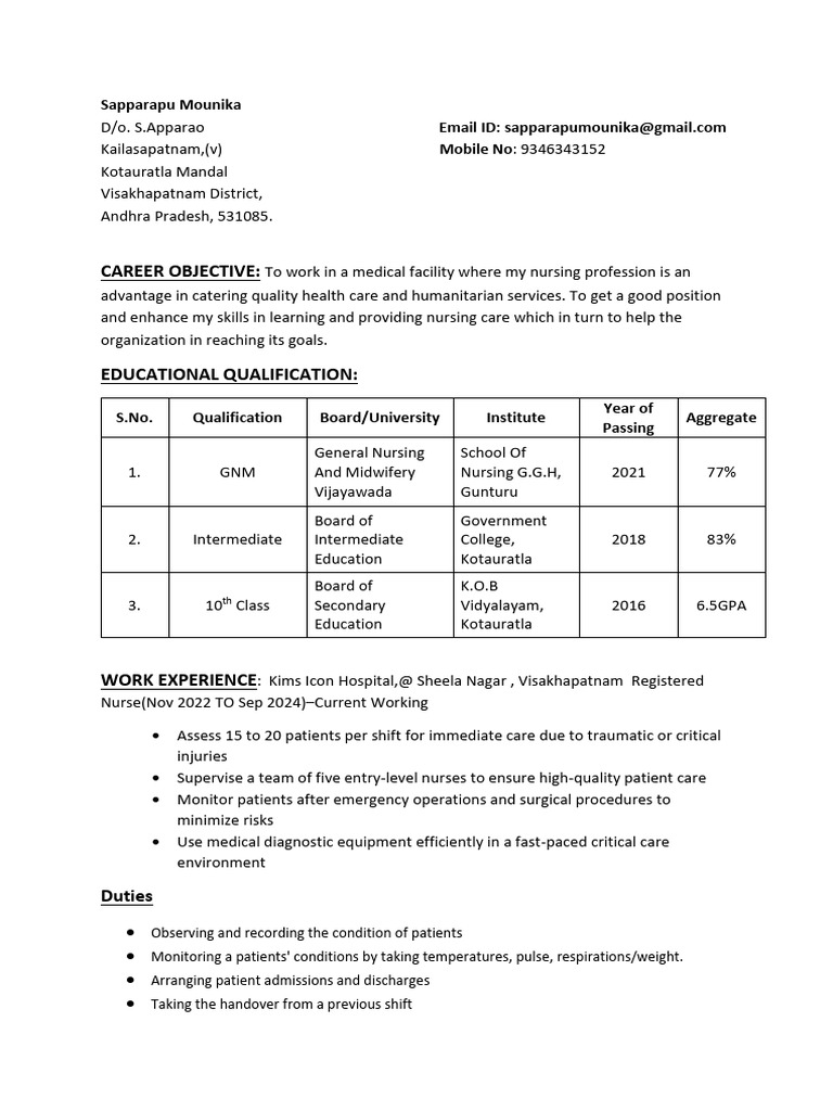 Sapparapu Mounika Resume L | PDF | Nursing | Patient