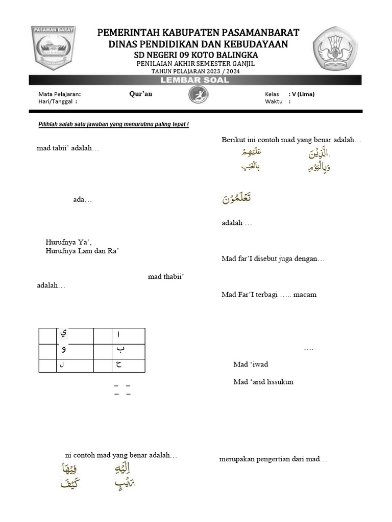 SOAL PAS 1 KLS 5 PQ | PDF