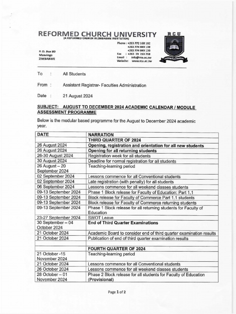 Notice - Aug - Dec 2024 Academic Calendar | PDF