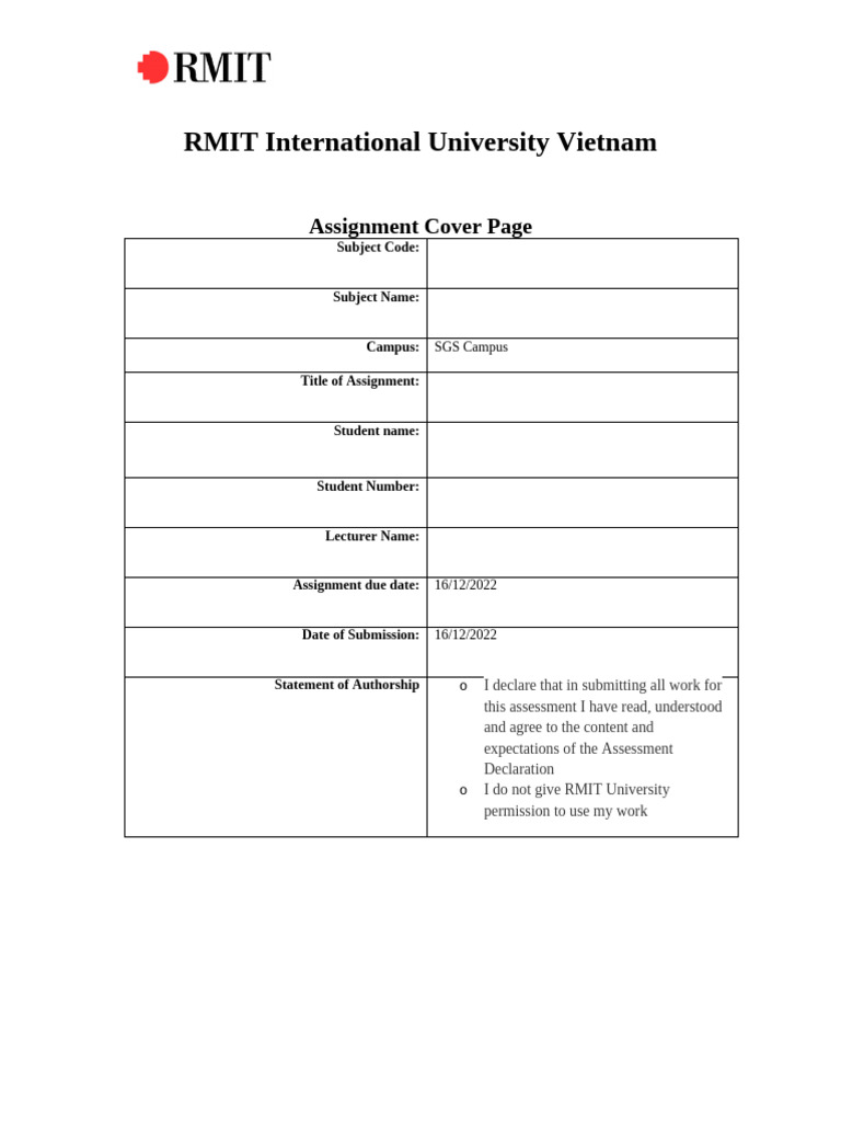 RMIT Vietnam Assignment Cover Page | PDF