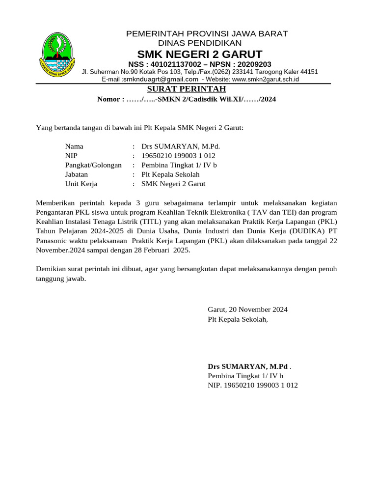 Surat Tugas Pengantaran Siswa PKL 2024 - | PDF