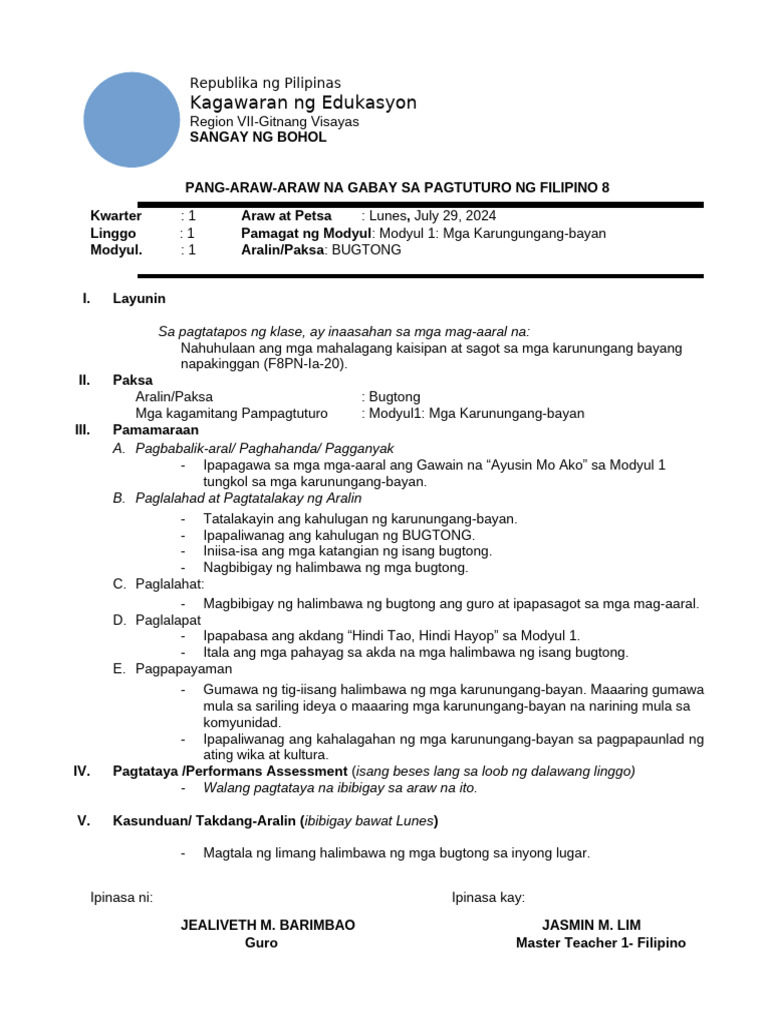 Daily Lesson Guide Sa Filipino 8 q1 Wk1 Day1 Copy | PDF